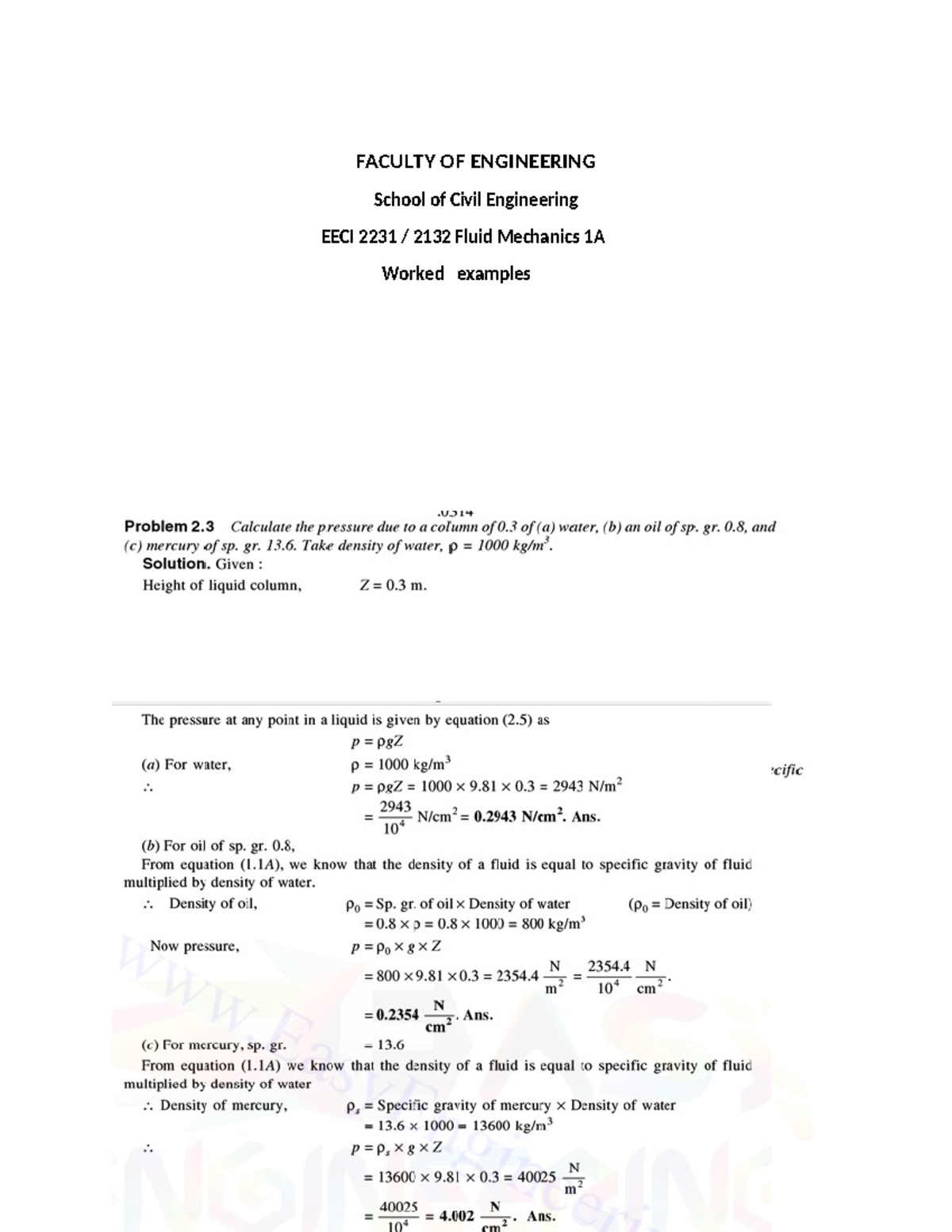 EECI 2132 FM 1A worked examples 1 - B.ENG Civil engineering - FACULTY ...