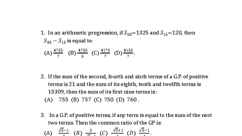 Math Quiz: AP & GP Problems (Course Code: Ws) - Studocu