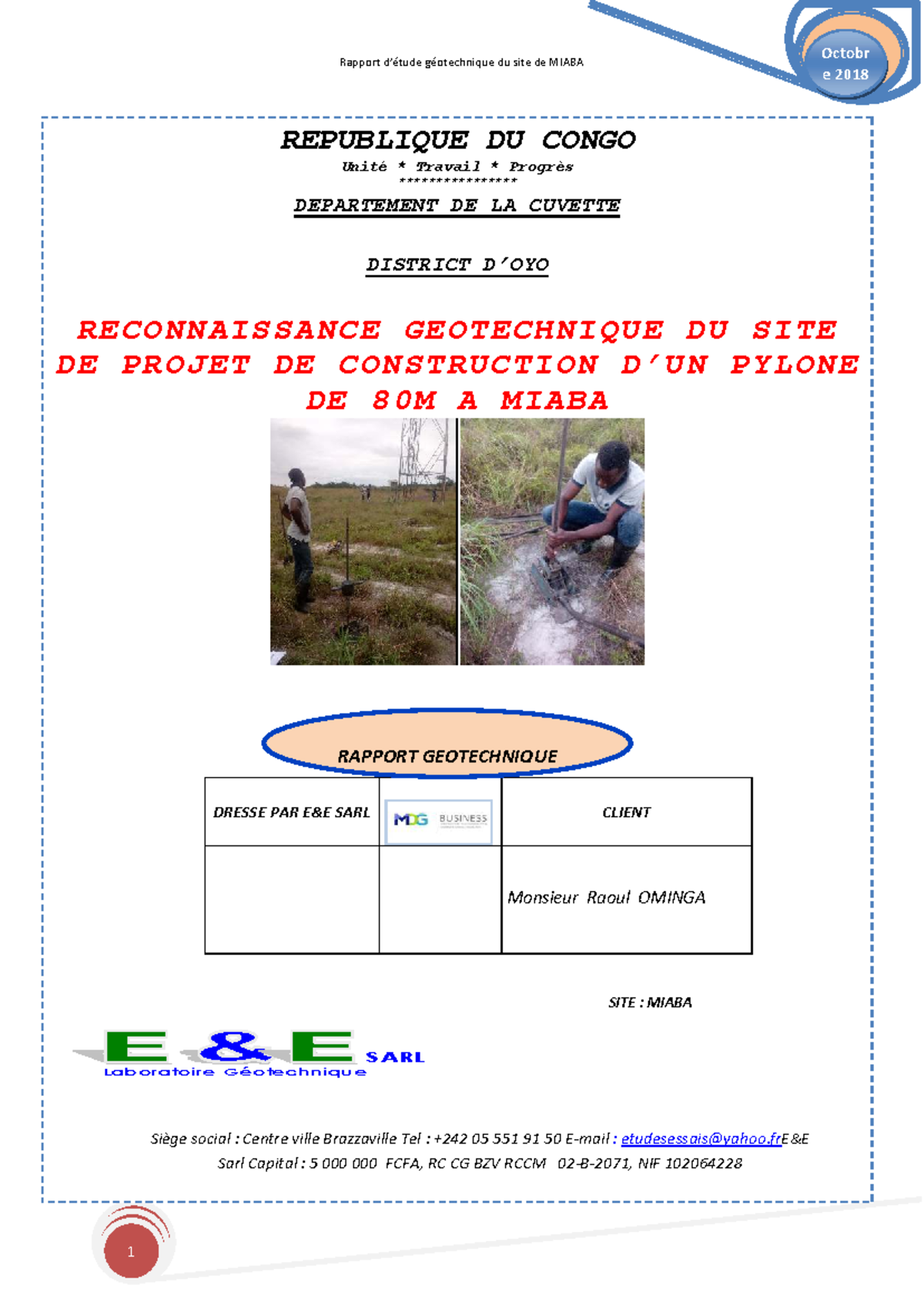 Rapport Géotechnique - Pylône de 80m à MIABA (Octobre 2018) - Studocu