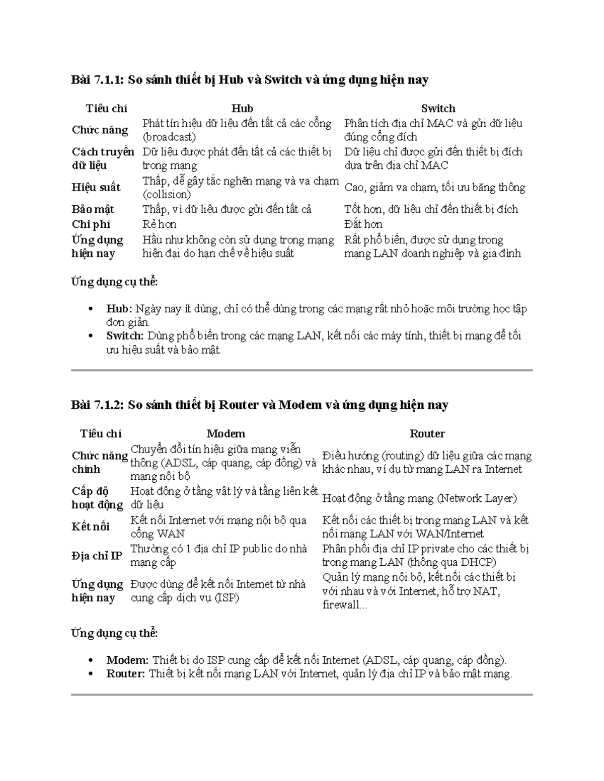 Bài 7: So sánh Hub, Switch, Router và Modem trong Mạng Hiện Nay - Studocu