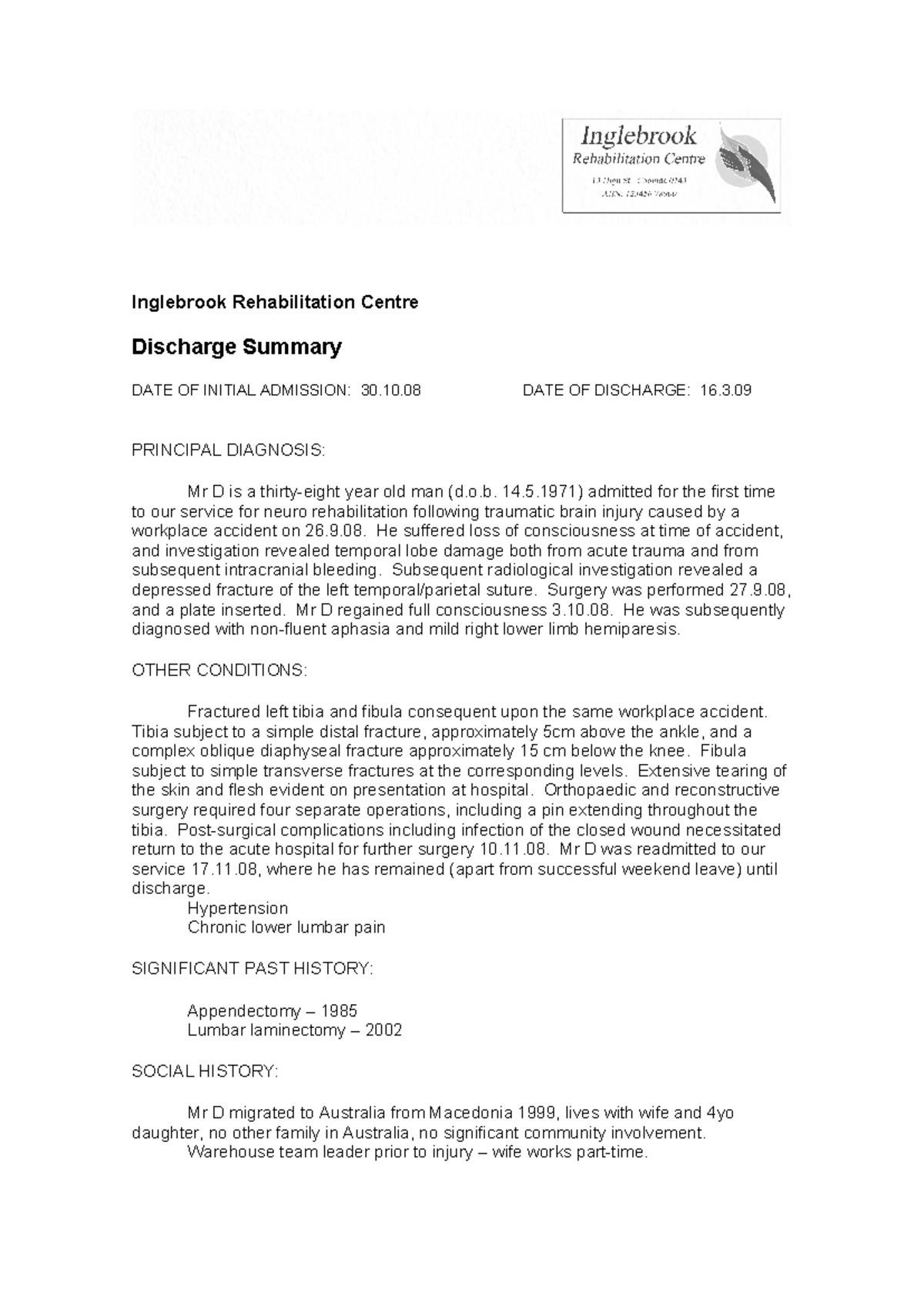 4. Chris discharge summary - Inglebrook Rehabilitation Centre Discharge ...