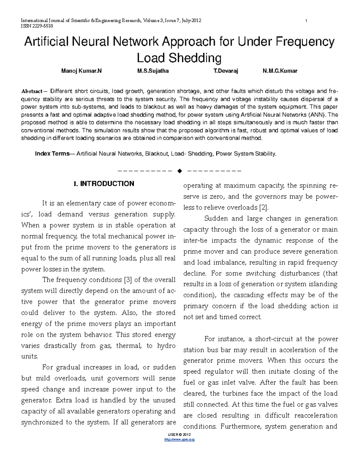 Artificial Neural Network Approach for Under Frequency Load Shedding - ISSN 2229- Artificial ...