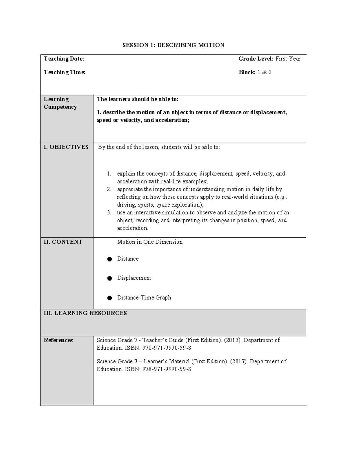 Grade 7 Lesson Plan: Describing Motion (Session 1) - Studocu