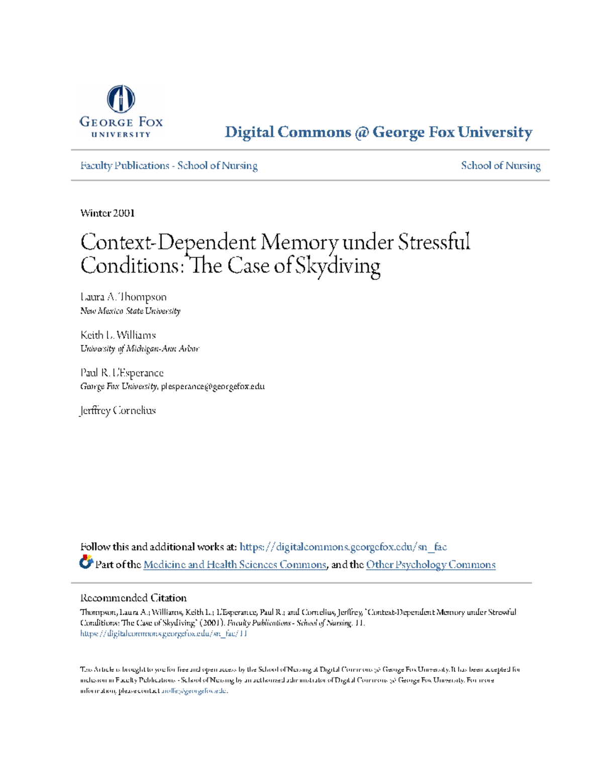 Context-Dependent Memory (Psych 201): Skydiving under Stress Conditions ...