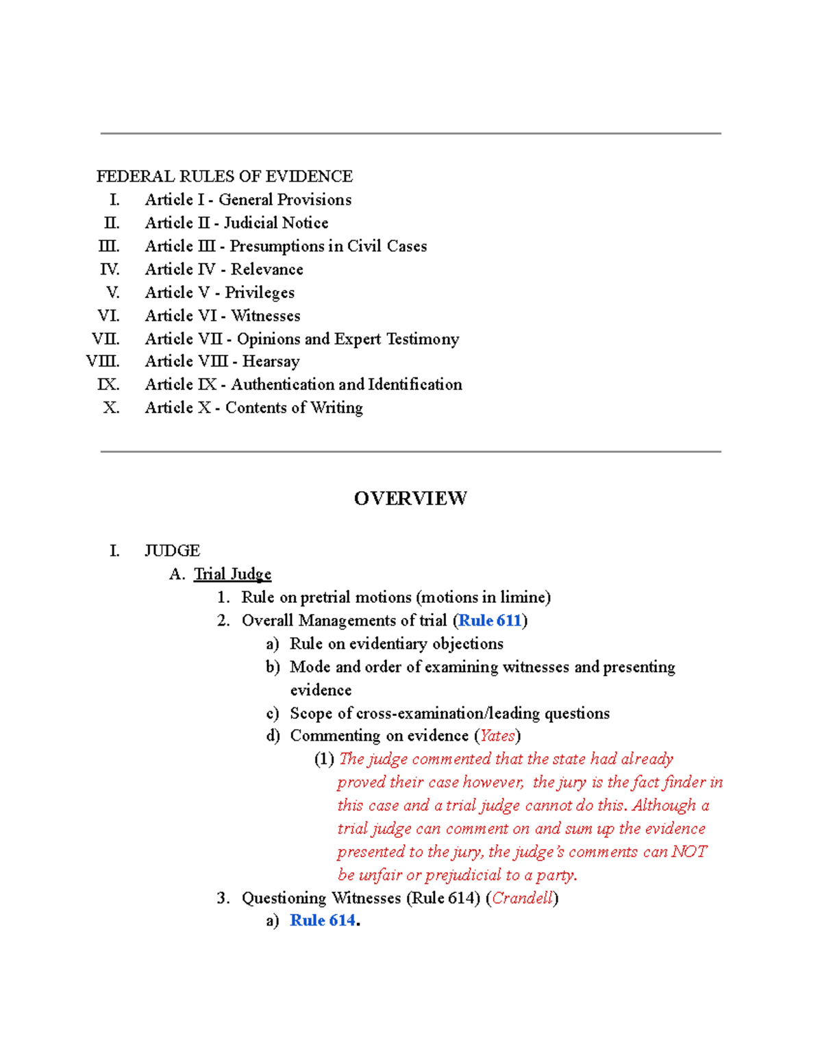 Outline of Federal Rules of Evidence (FRE) - Comprehensive Review - Studocu