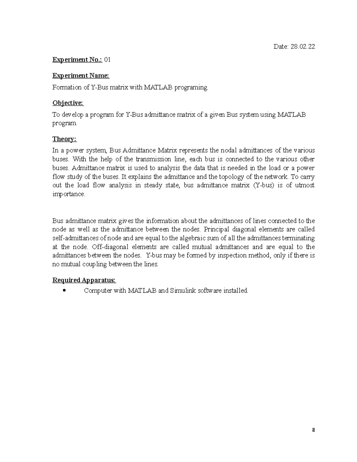Formation of Y-Bus Matrix Using MATLAB Programming - Experiment 01 - Studocu