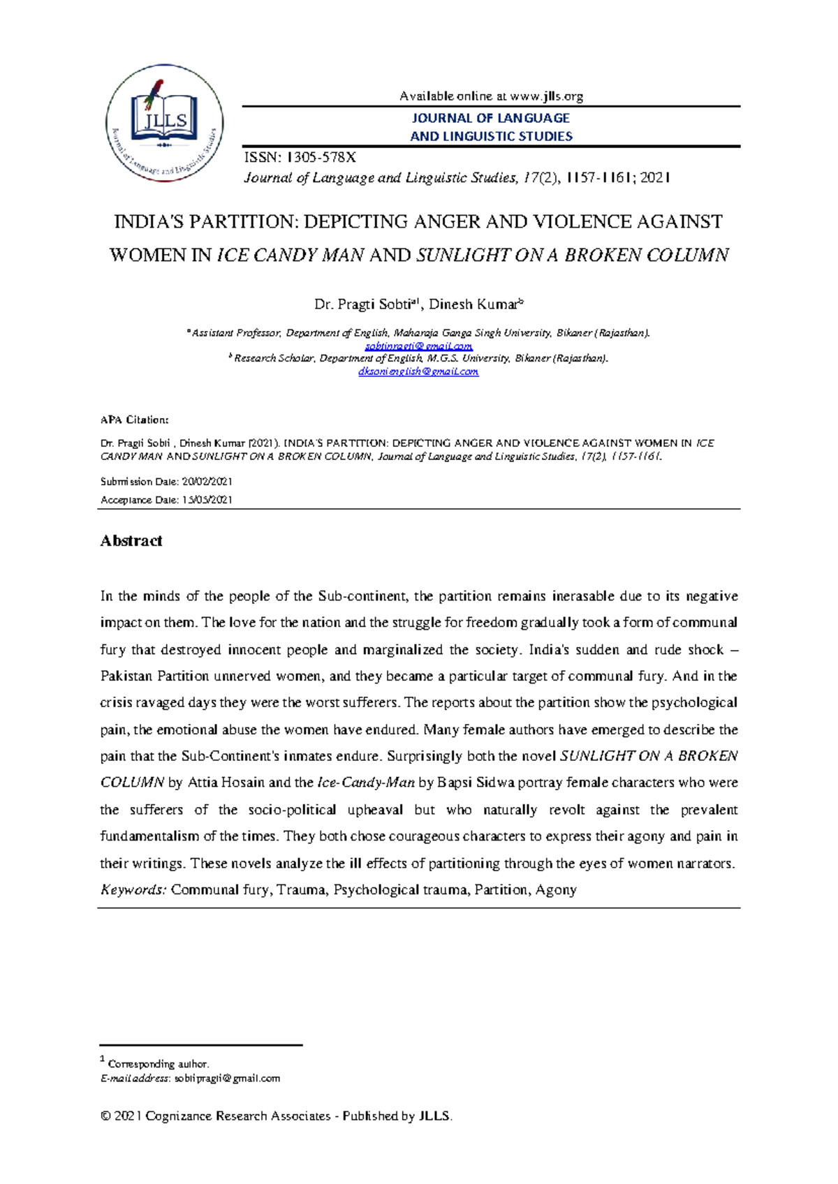 Partition: Analyzing Anger & Violence Against Women in Literature - Studocu