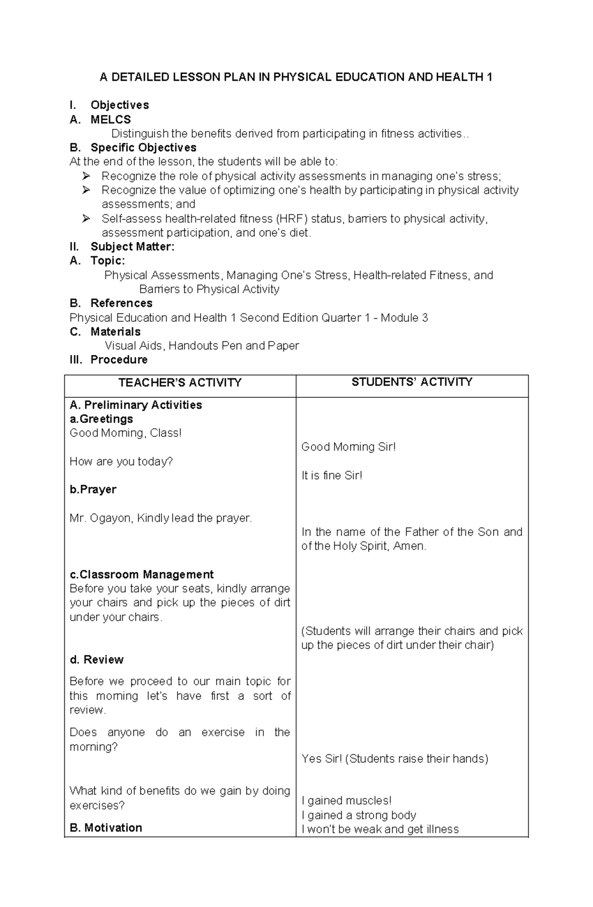 A Detailed Lesson Plan in PE & Health 1: Fitness Assessments & Barriers ...