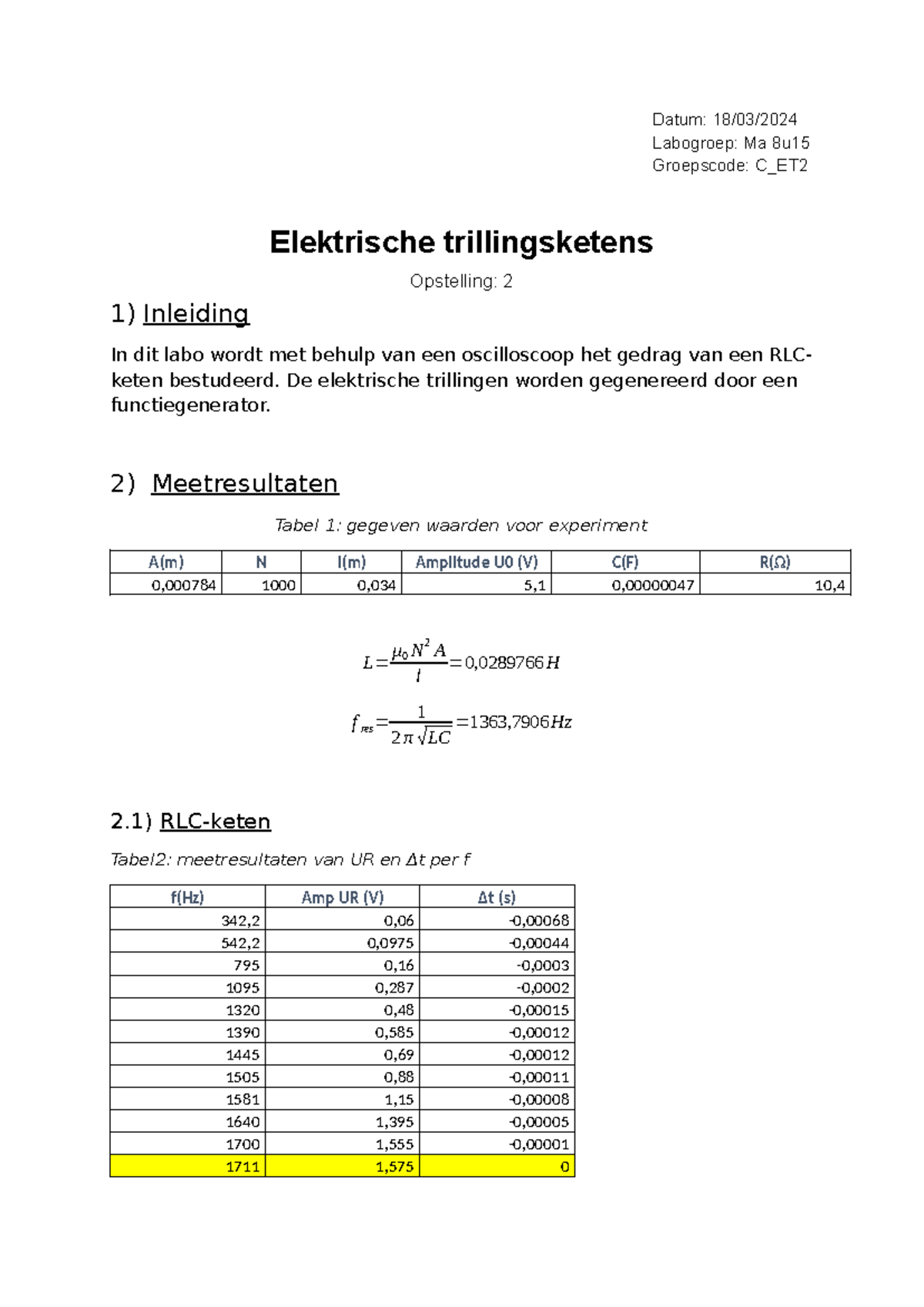 Elektrische Trillingsketens: Lab Verslag C_ET2 - Studocu