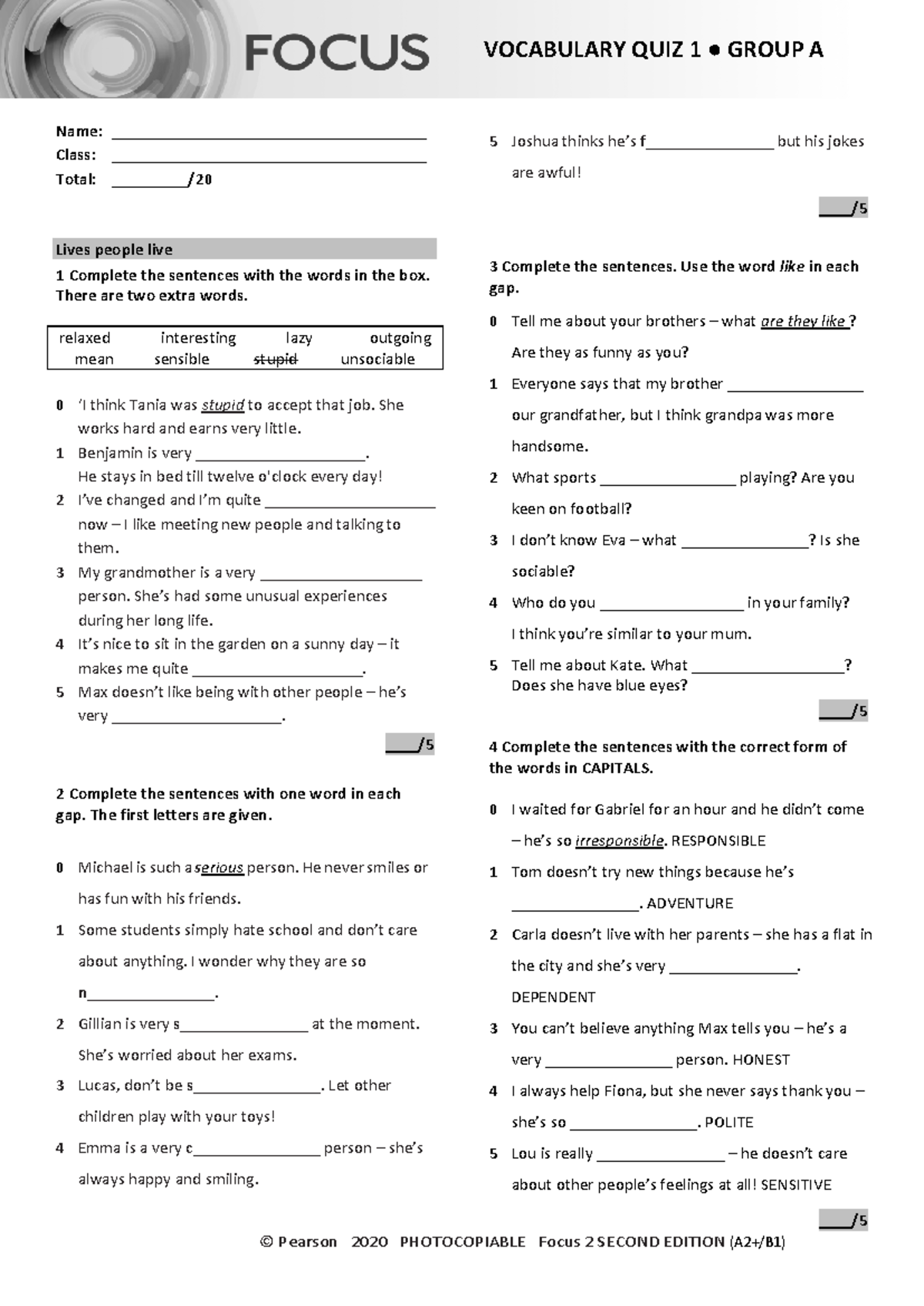 Focus 2 2E Vocabulary Quiz Unit 1 - Group A Assessment - Studocu