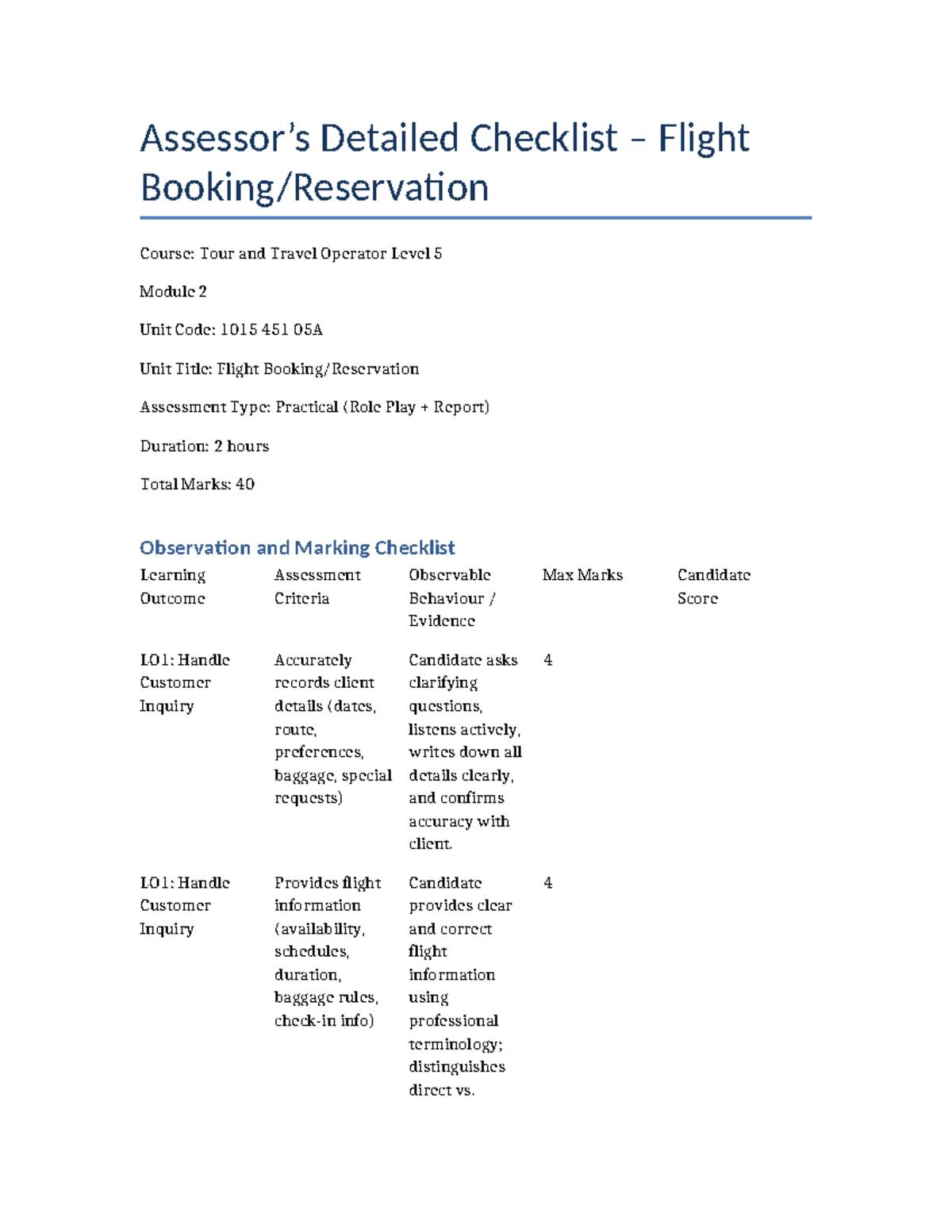 Assessor Detailed Checklist: Flight Booking for Tour & Travel Operator ...