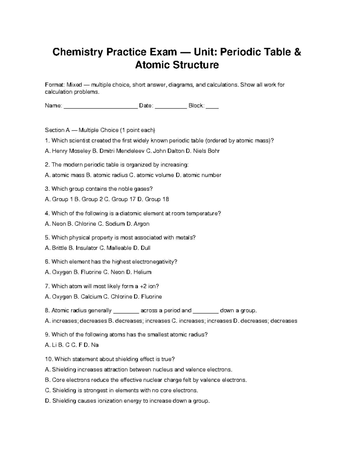 Chemistry Practice Exam: Periodic Table & Atomic Structure - Studocu