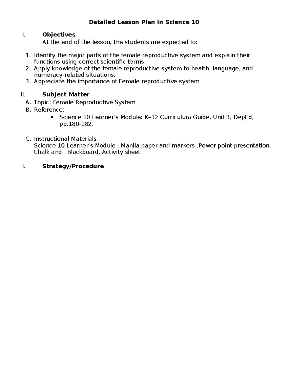 Grade 10 Science 10 - Detailed Lesson Plan on Female Reproductive ...