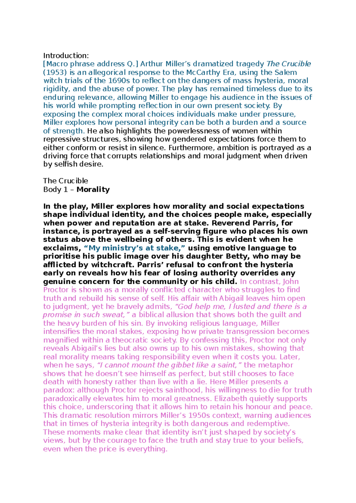 HSC Final Essay: The Crucible - Morality, Gender, and Ambition - Studocu