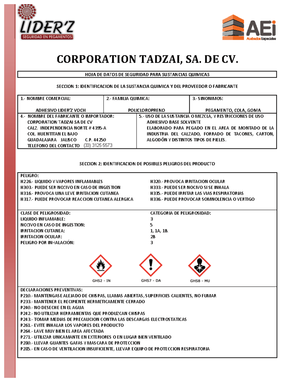 HOJA DE SEGURIDAD LIDERZ VOCH 1 - TADZAI, S.A. DE C.V. - Studocu