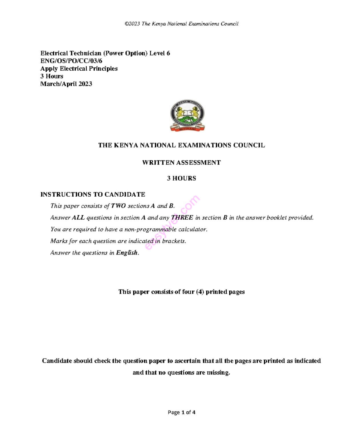 ENG/OS/PO/CC/03: Electrical Principles for Level 6 Technicians Exam ...