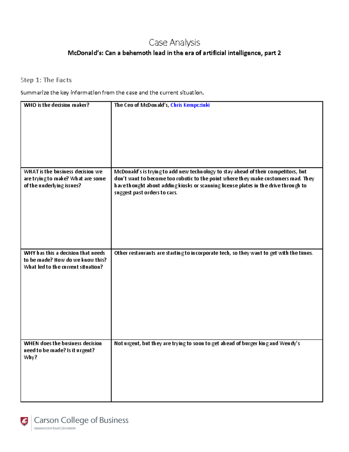 Case Analysis Template - McDonald's AI Strategy, Part 2 - Studocu
