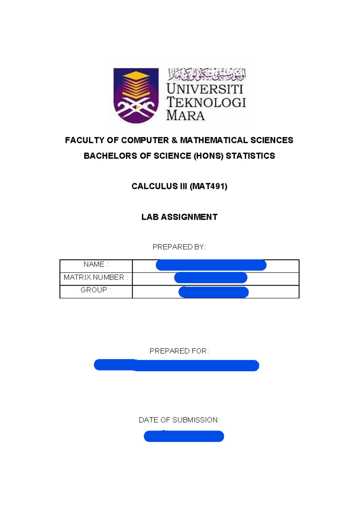 MAT491 LAB Assignment - lab - FACULTY OF COMPUTER & MATHEMATICAL SCIENCES BACHELORS OF SCIENCE ...