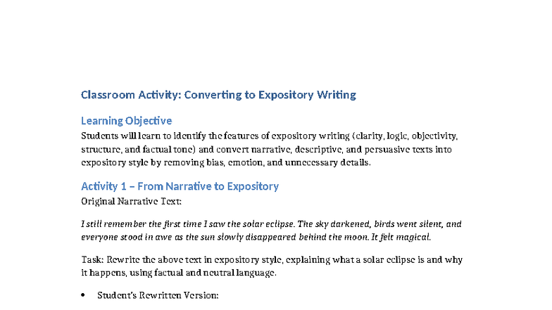 Classroom Activity: Converting Texts to Expository Writing - Studocu