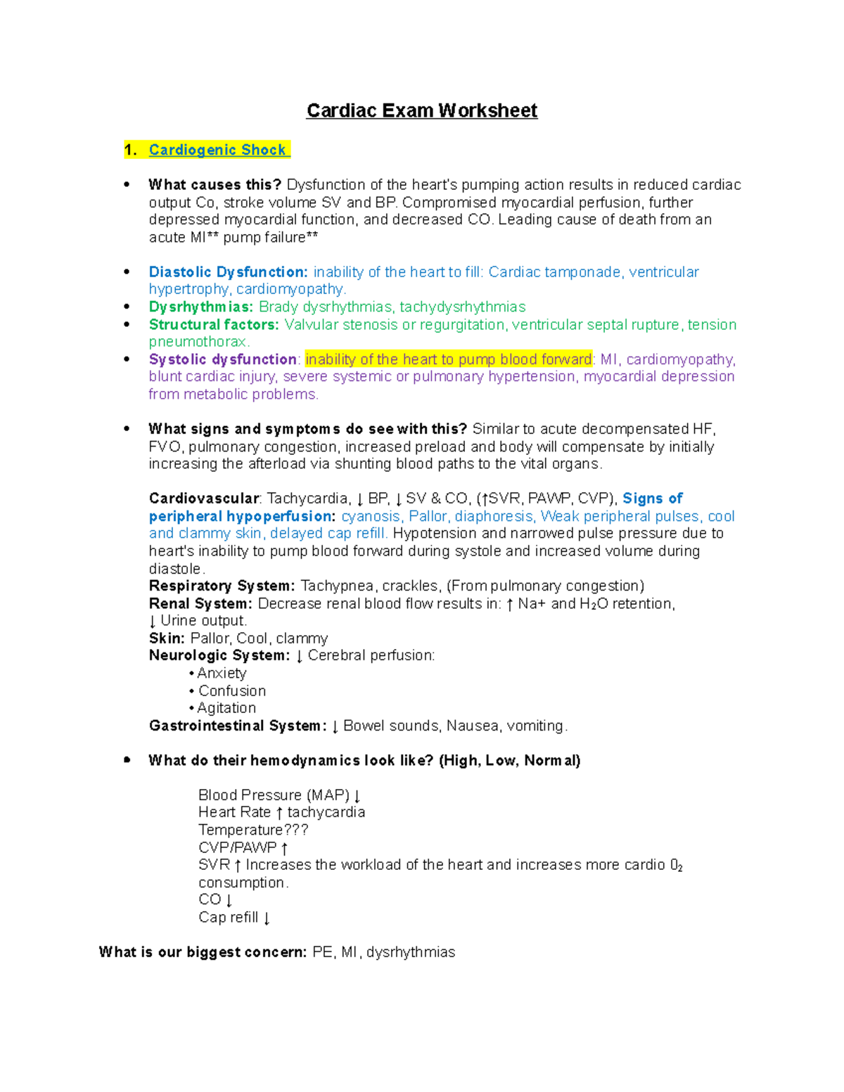 Unit 1 Cardiac Study Guide: Shock Management and Assessments - Studocu