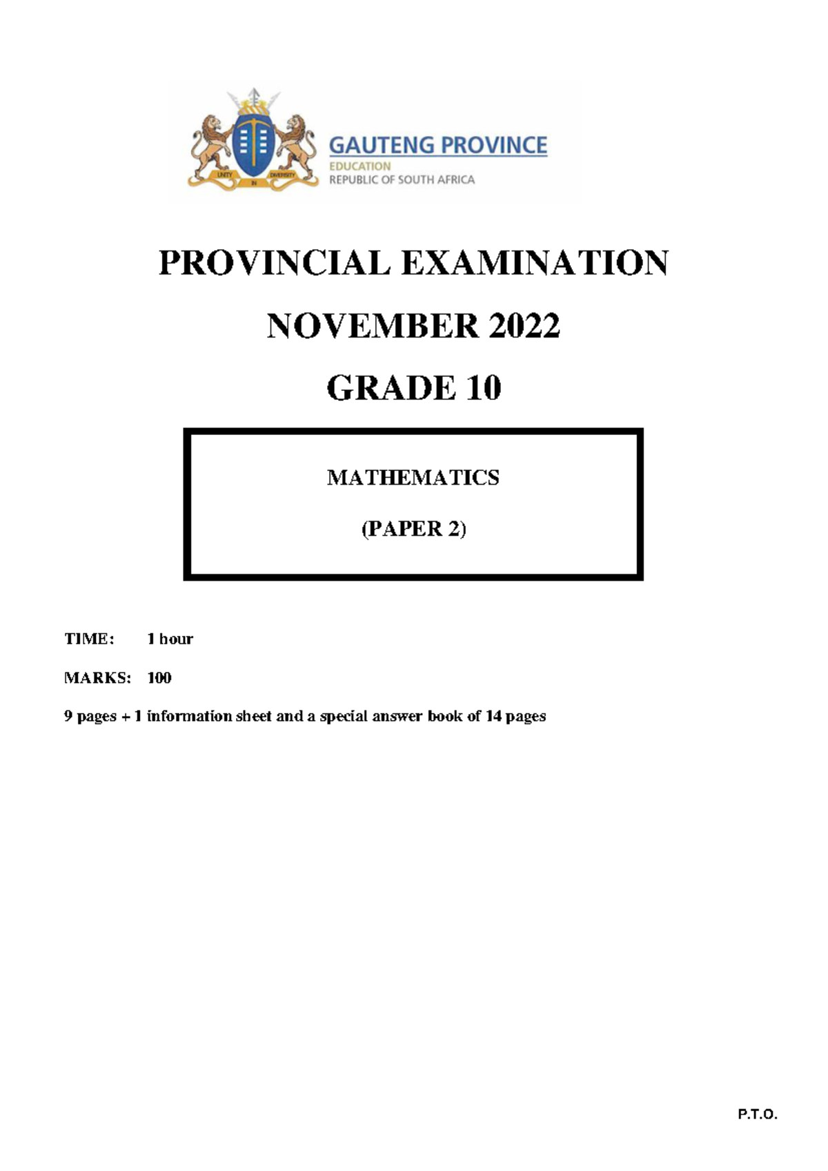 Grade 10 Math Final Exam Paper 2 - November 2022 - Studocu