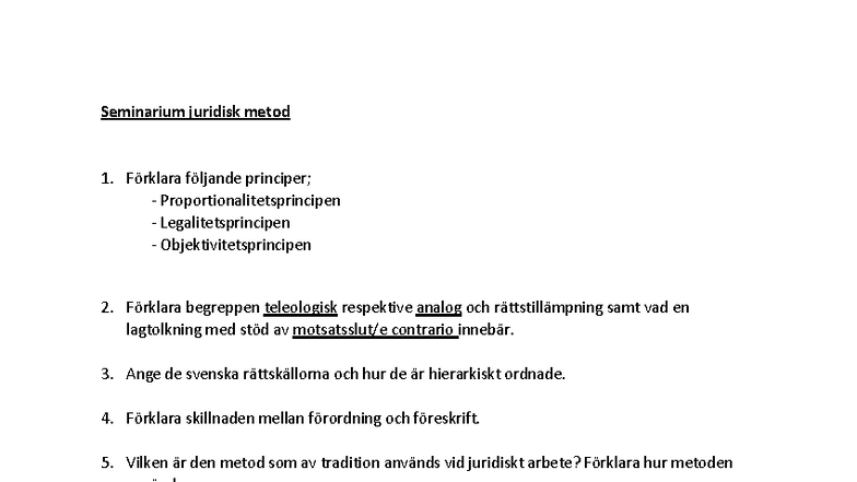 JURIDIK 1: Metoder och Principer i Svensk Rätt - Seminarium - Studocu
