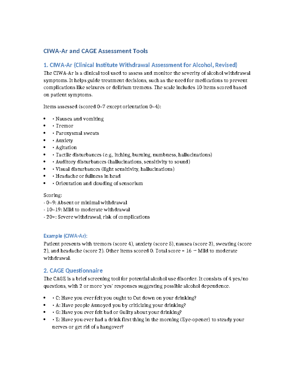 CIWA-Ar & CAGE Assessment Tools for Alcohol Withdrawal Evaluation - Studocu