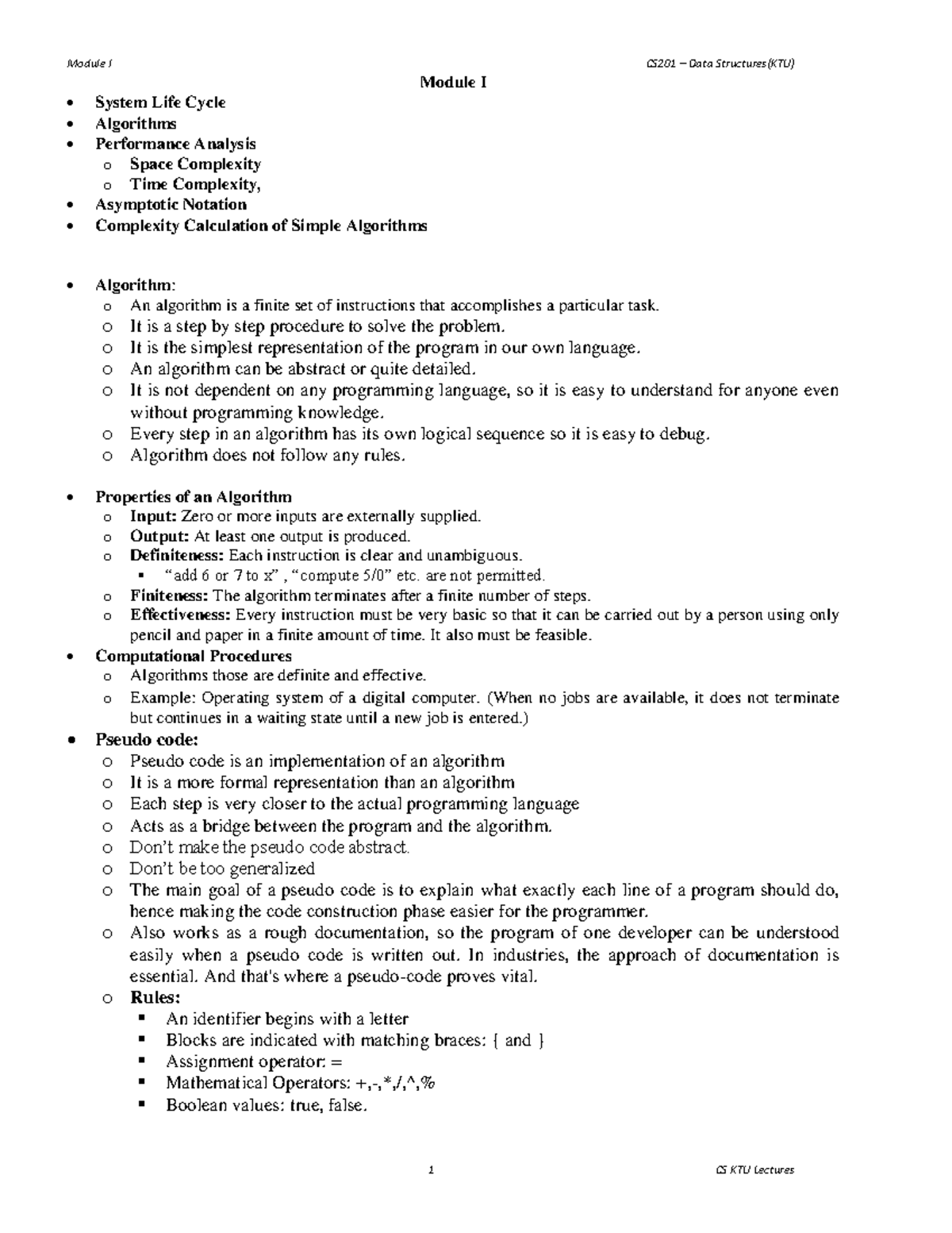 Module I CS201 Data Structures (KTU) - Algorithms & Complexity Analysis - Studocu