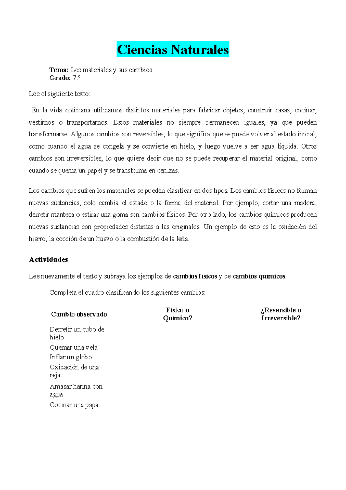 Ciencias Naturales 7.º: Materiales y sus Cambios - Clase y Actividades ...
