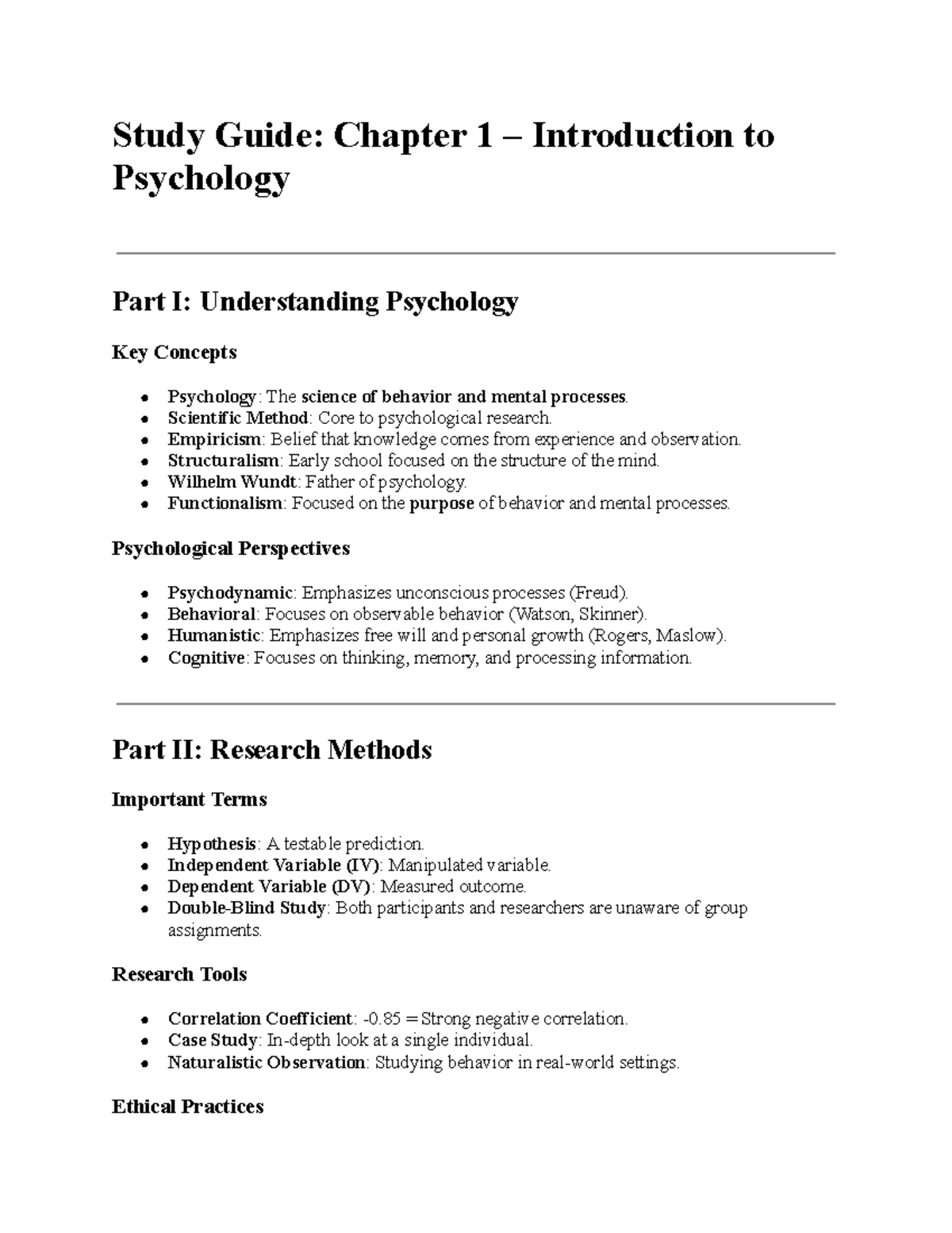 Chapter 1 Study Guide: Intro to Psychology Key Concepts - Studocu