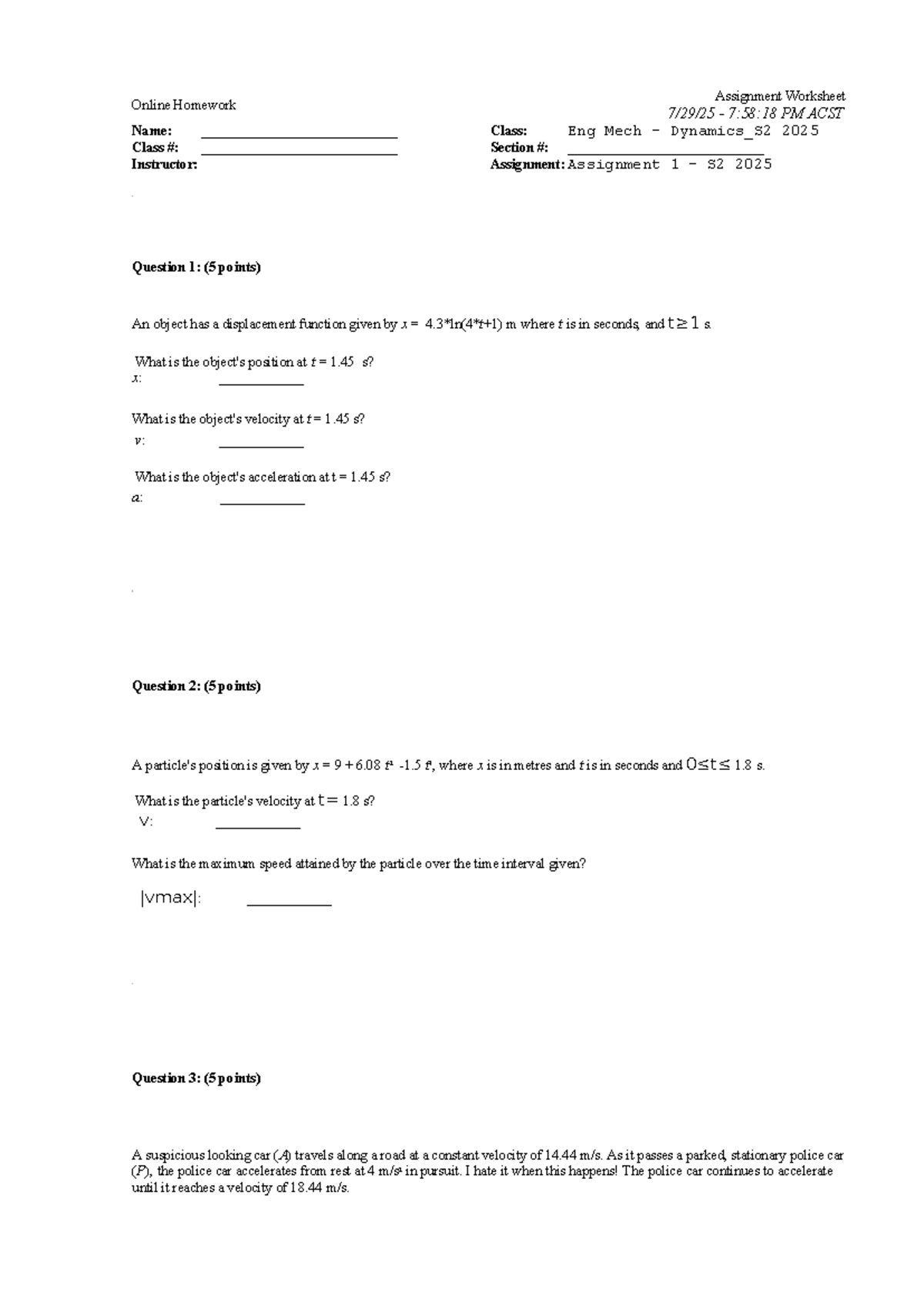 Assignment 1 - Eng Mech Dynamics S2 2025 Practice Materials - Studocu