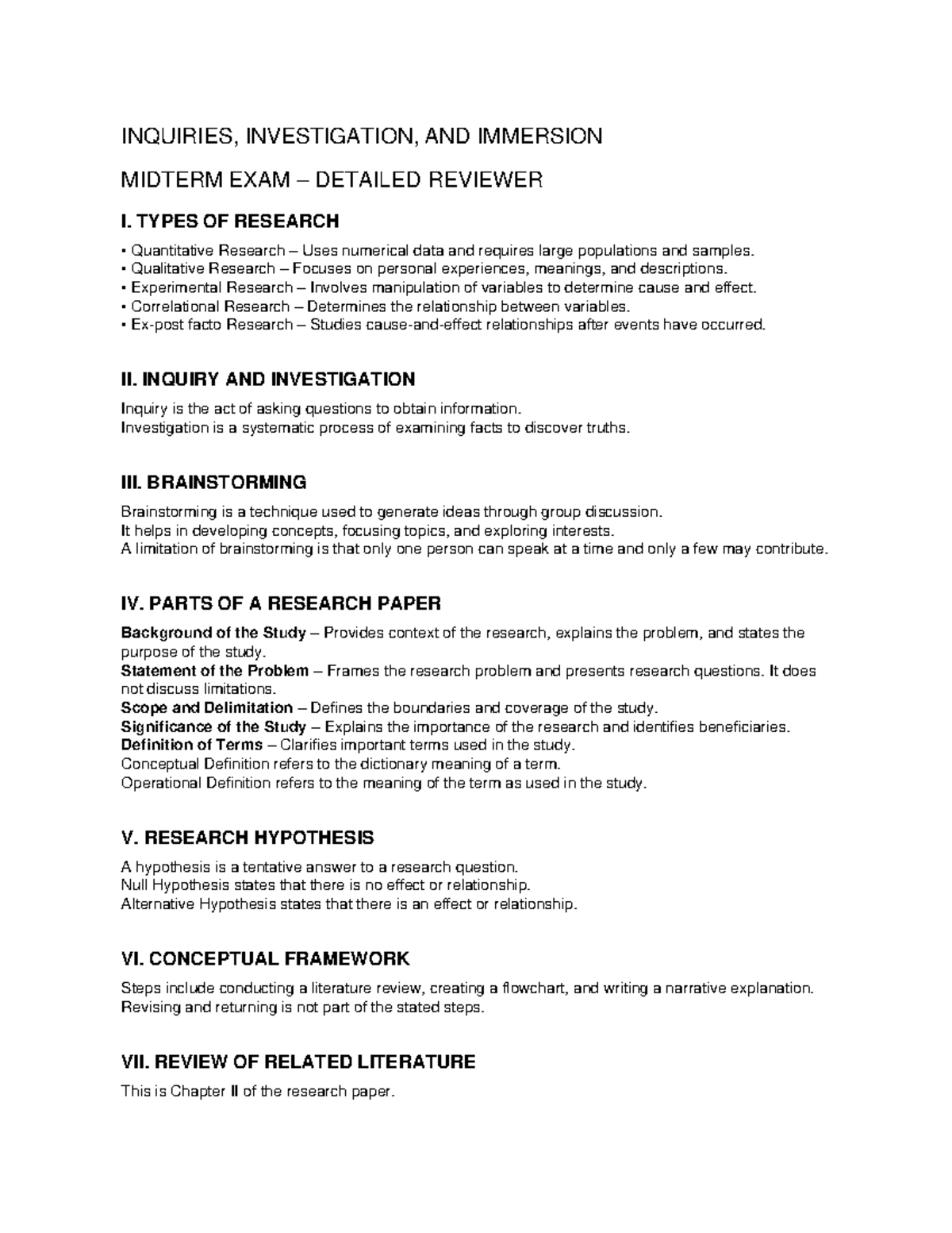 INQ 101 MIDTERM EXAM DETAILED REVIEWER ON RESEARCH TYPES & METHODS ...
