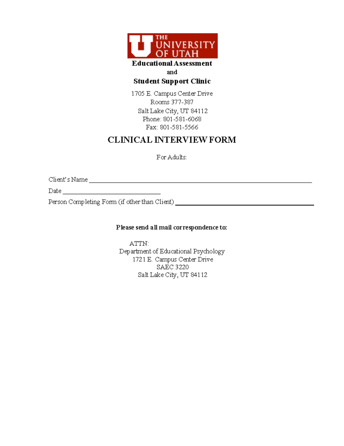 Adult clinical interview form - Educational Assessment and Student ...