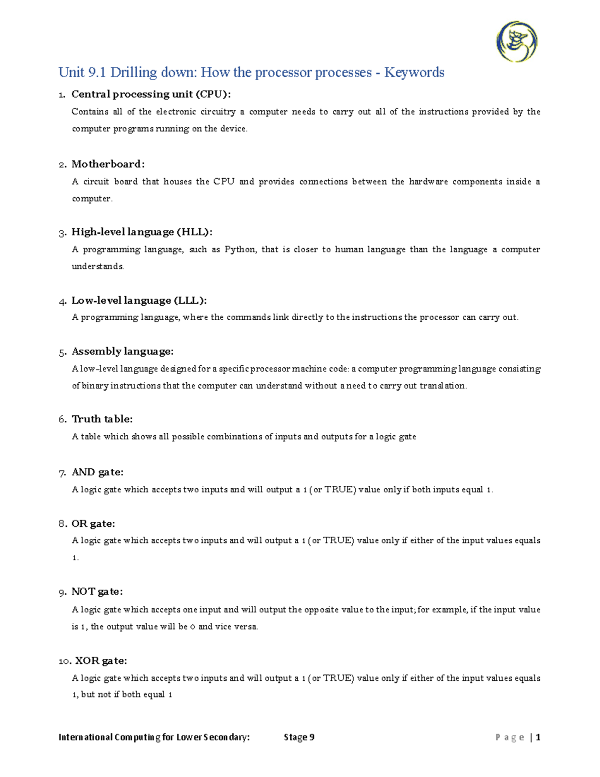 Unit 9 Keywords: CPU, Data Structures, and Logic Gates Overview - Studocu