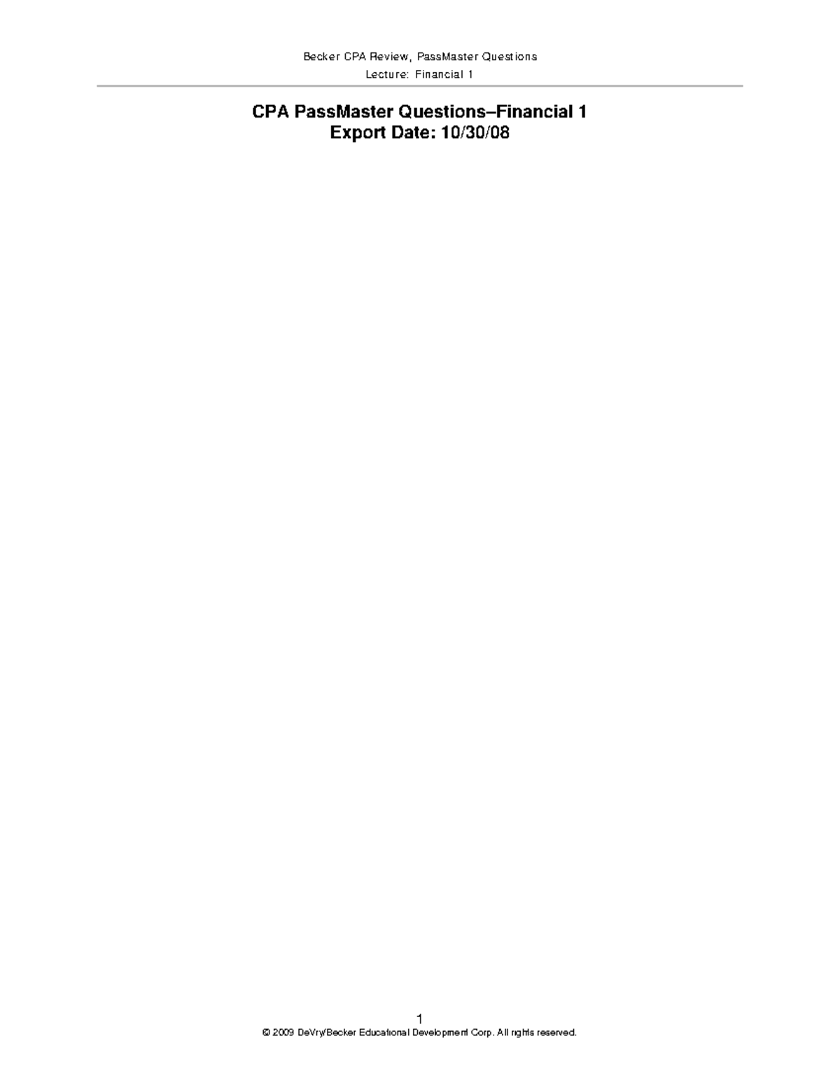 Becker CPA Review: PassMaster Questions for Financial 1 Exam - Studocu