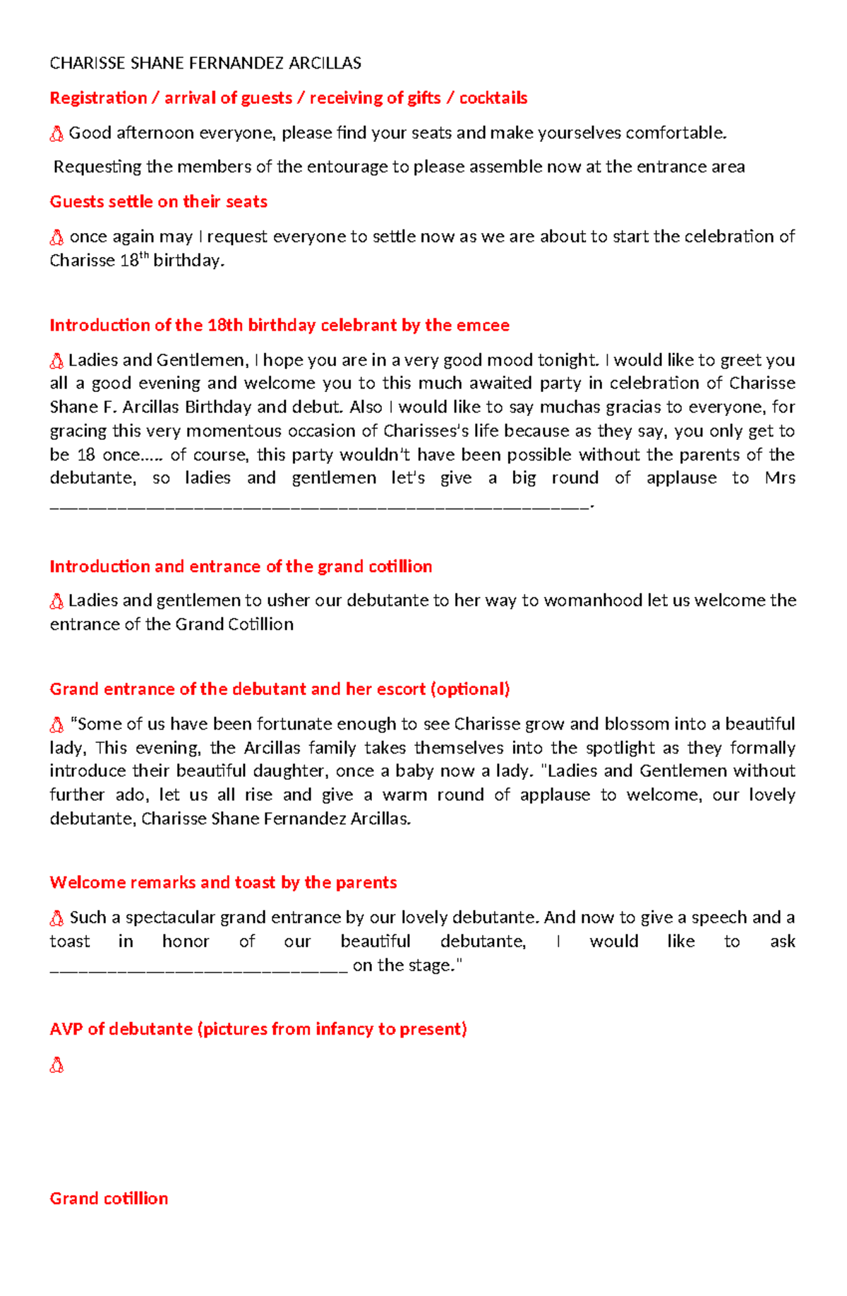 Debutante Script for Charisse Shane F. Arcillas' 18th Birthday Party ...