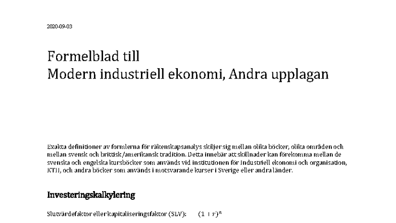 Formelblad - 2020 - 09 - 03 Formelblad till Modern industriell ekonomi ...