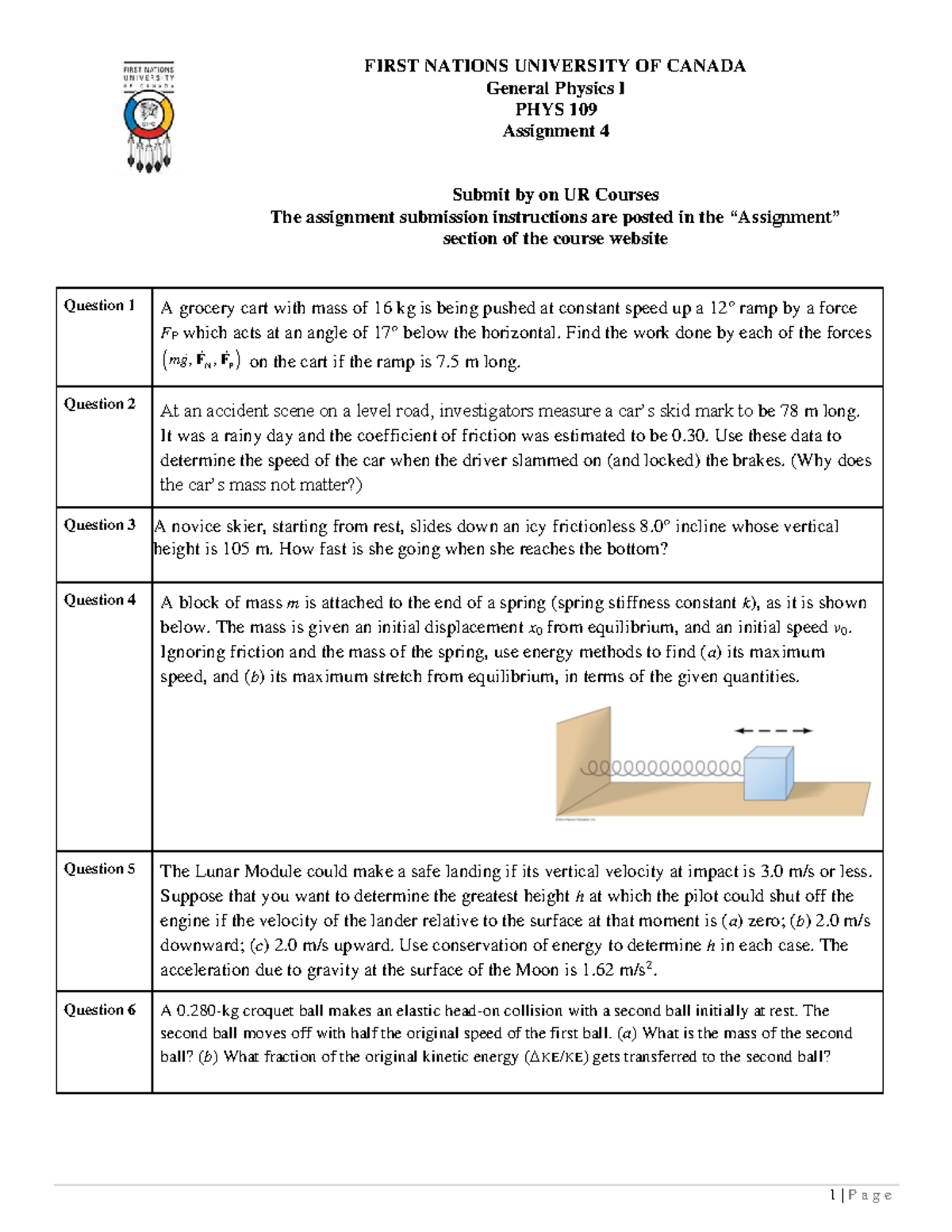 PHYS 109 General Physics I Assignment 4 - Work and Energy Problems ...
