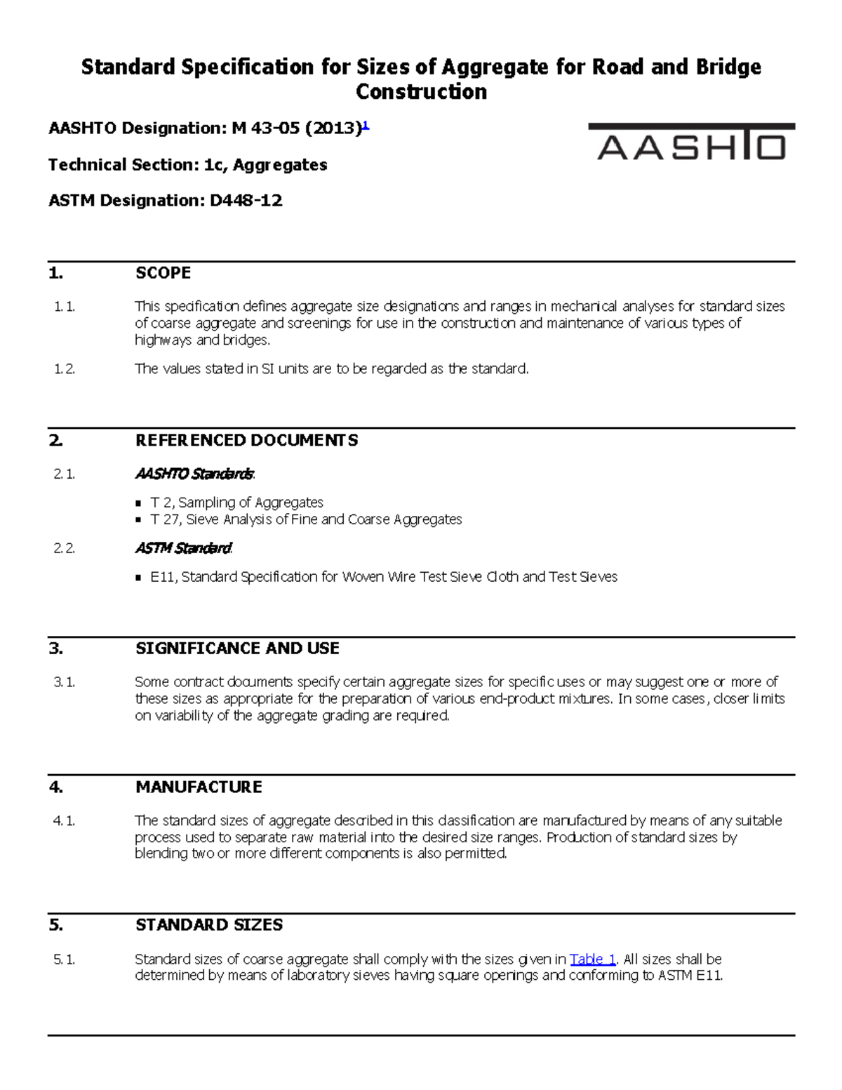 Normativa AASHTO M 43-05: Especificaciones de Áridos para Ingeniería ...