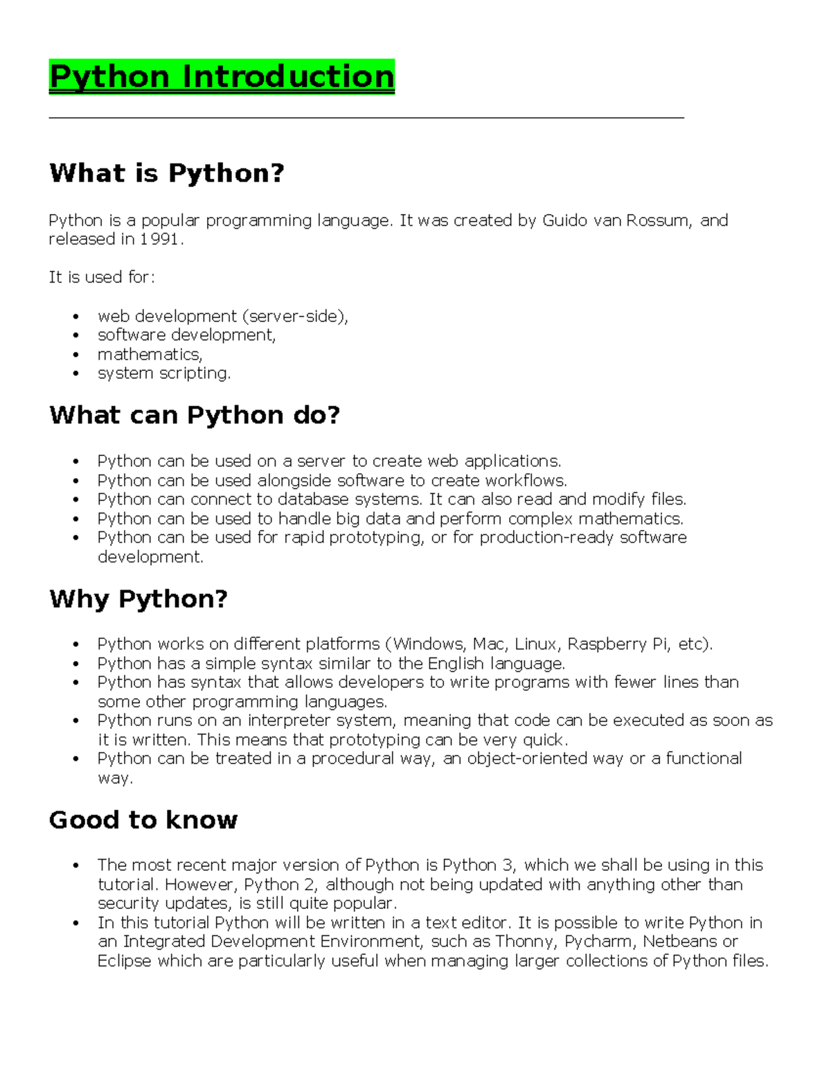 Python Introduction: A Comprehensive Guide to Programming Basics - Studocu