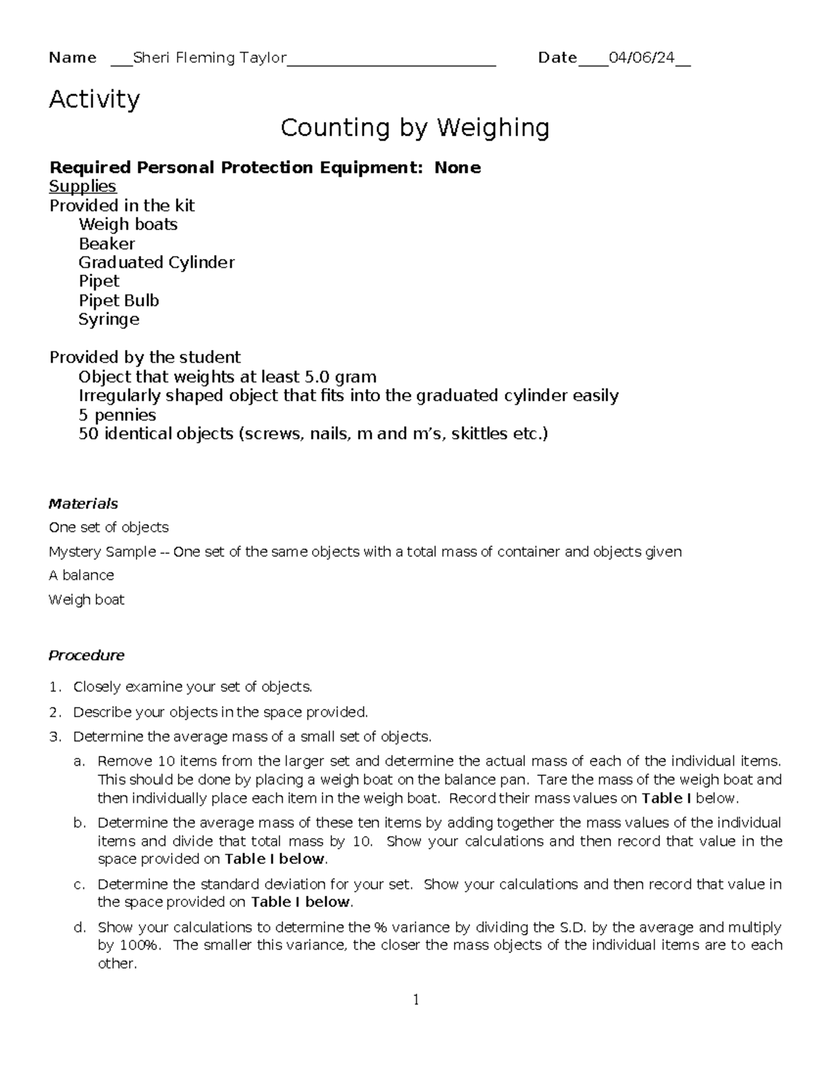Activity - Counting by Weighing - Activity Counting by Weighing ...