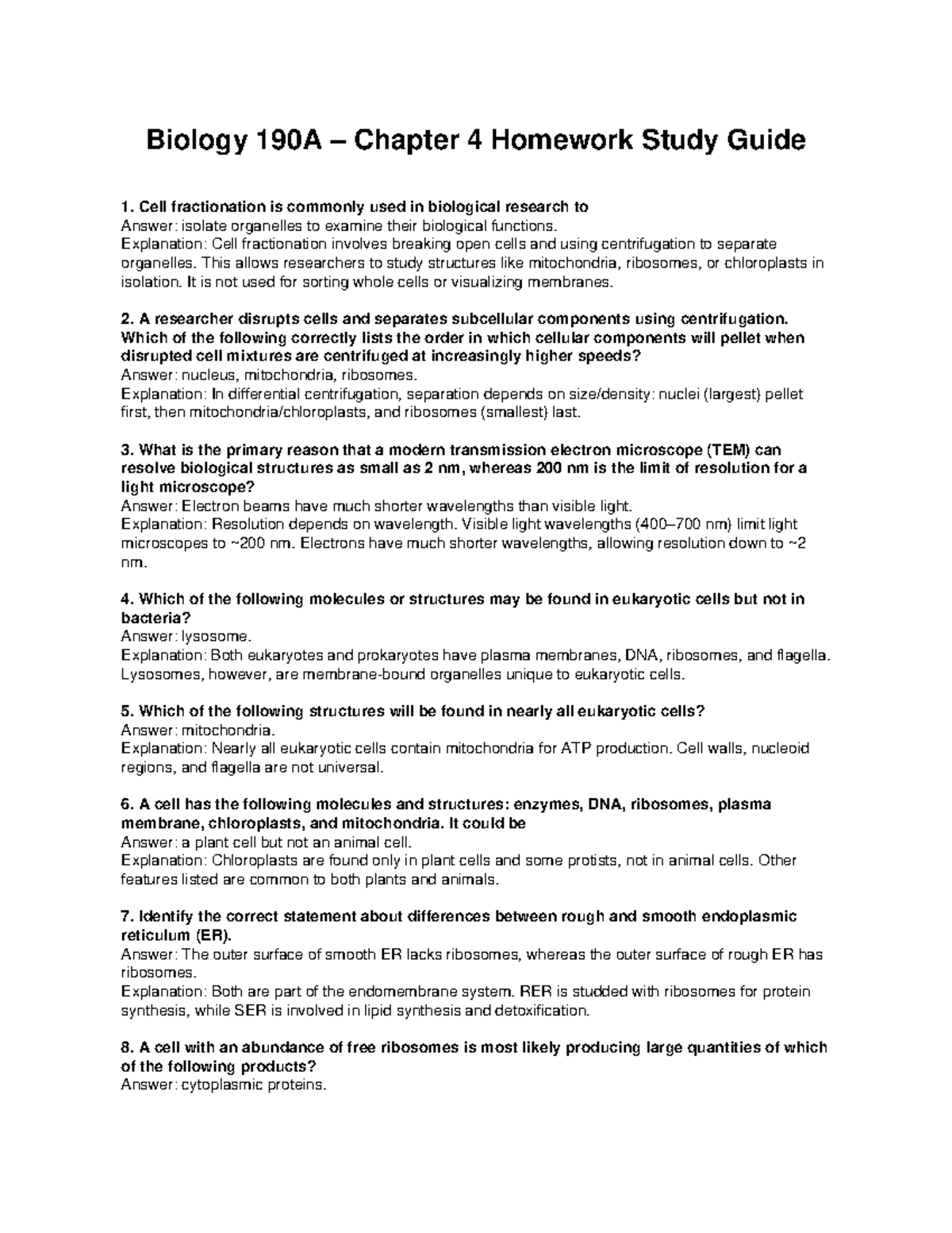 Bio190A Chapter 4 Homework Study Guide: Cell Structures & Functions - Studocu