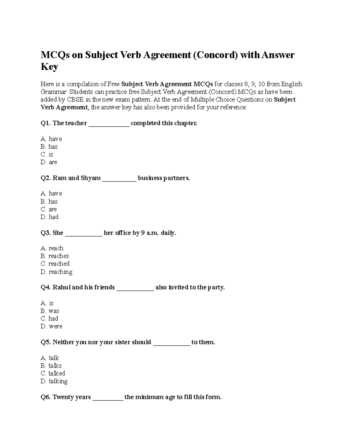 MCQs on Subject Verb Agreement - Students can practice free Subject Verb Agreement (Concord ...