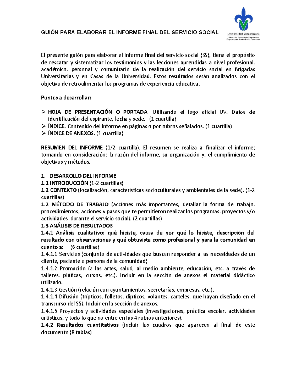 Guión para Elaborar el Informe Final del Servicio Social SS 2014 - Studocu