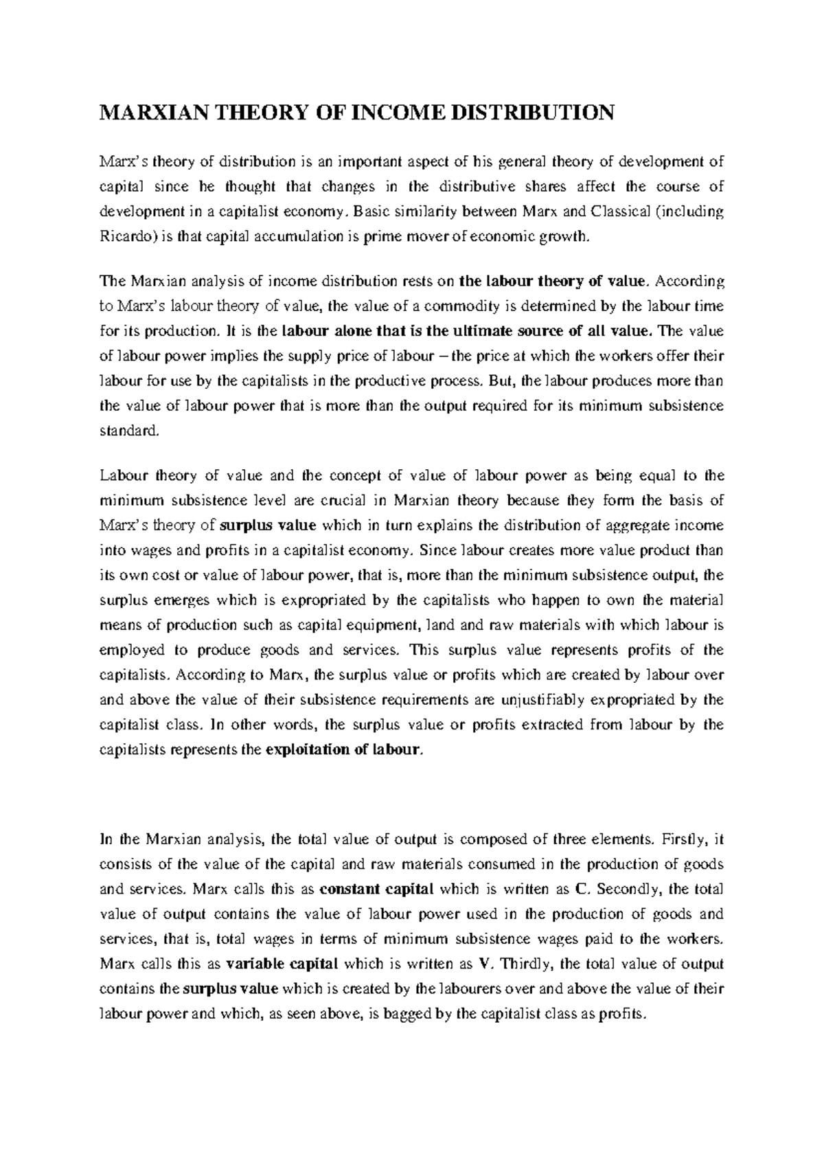 Marxian Theory of Income Distribution: Insights and Critiques - Studocu