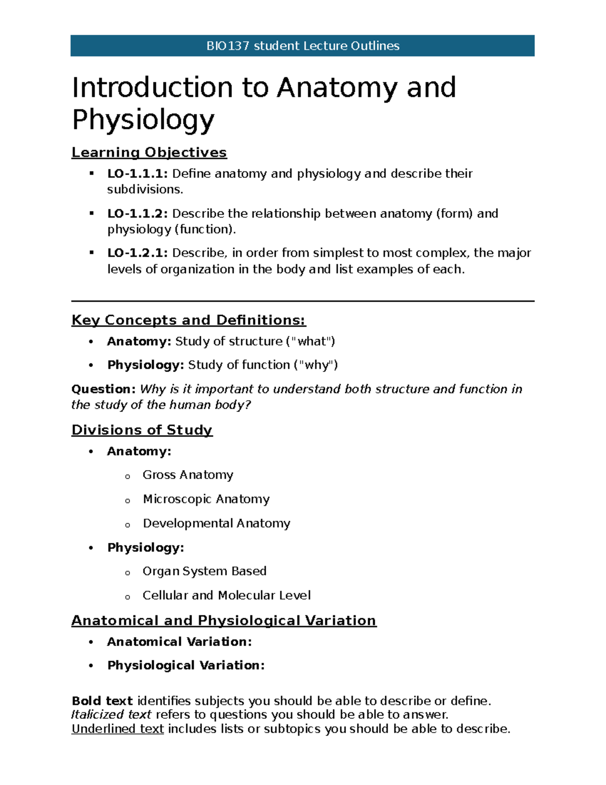 Student Outline M1L1 Introduction to Anatomy and Physiology ...