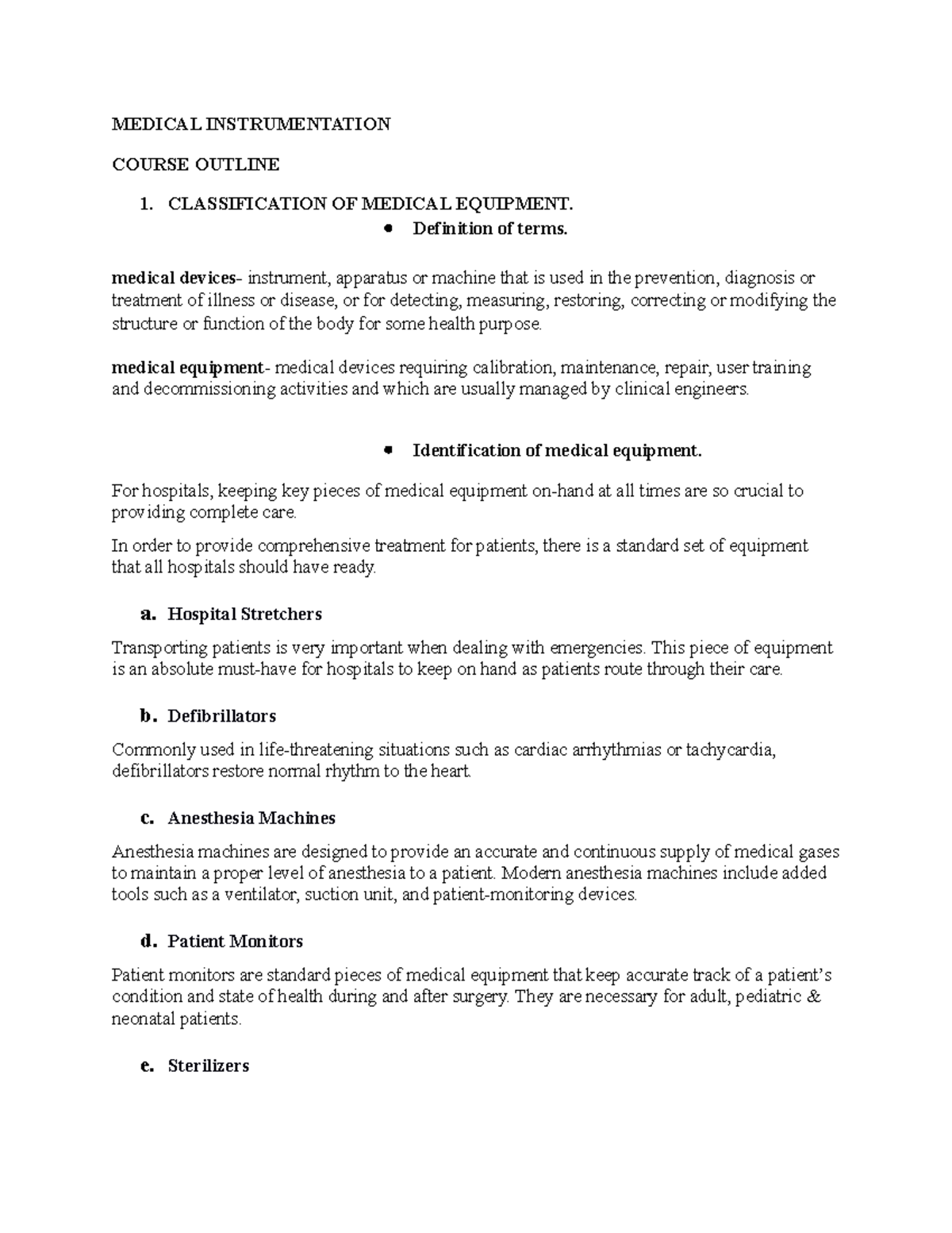 Medical Instrumentation Overview and Equipment Guide - Studocu