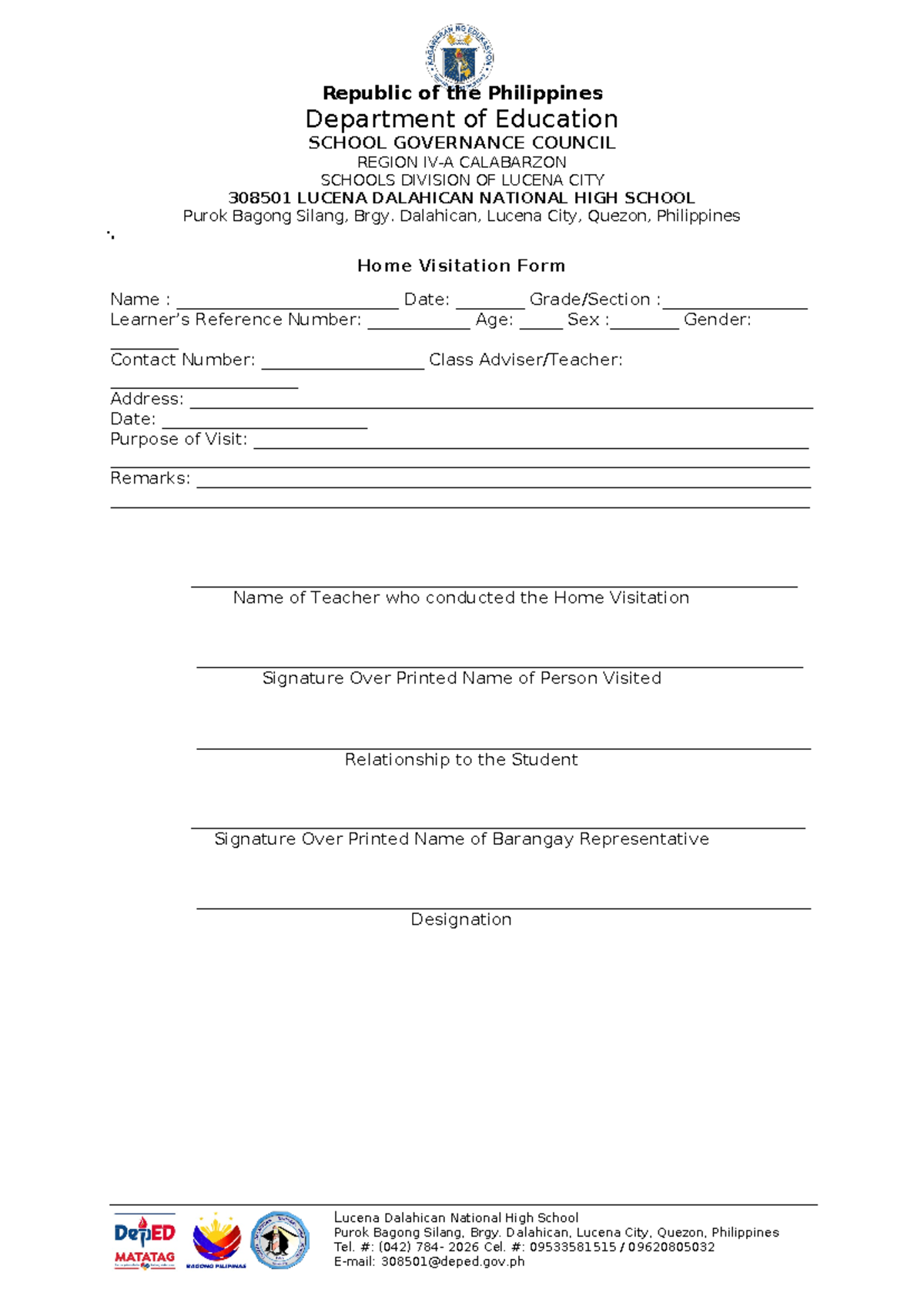 Home Visitation Form - report - Republic of the Philippines Department ...