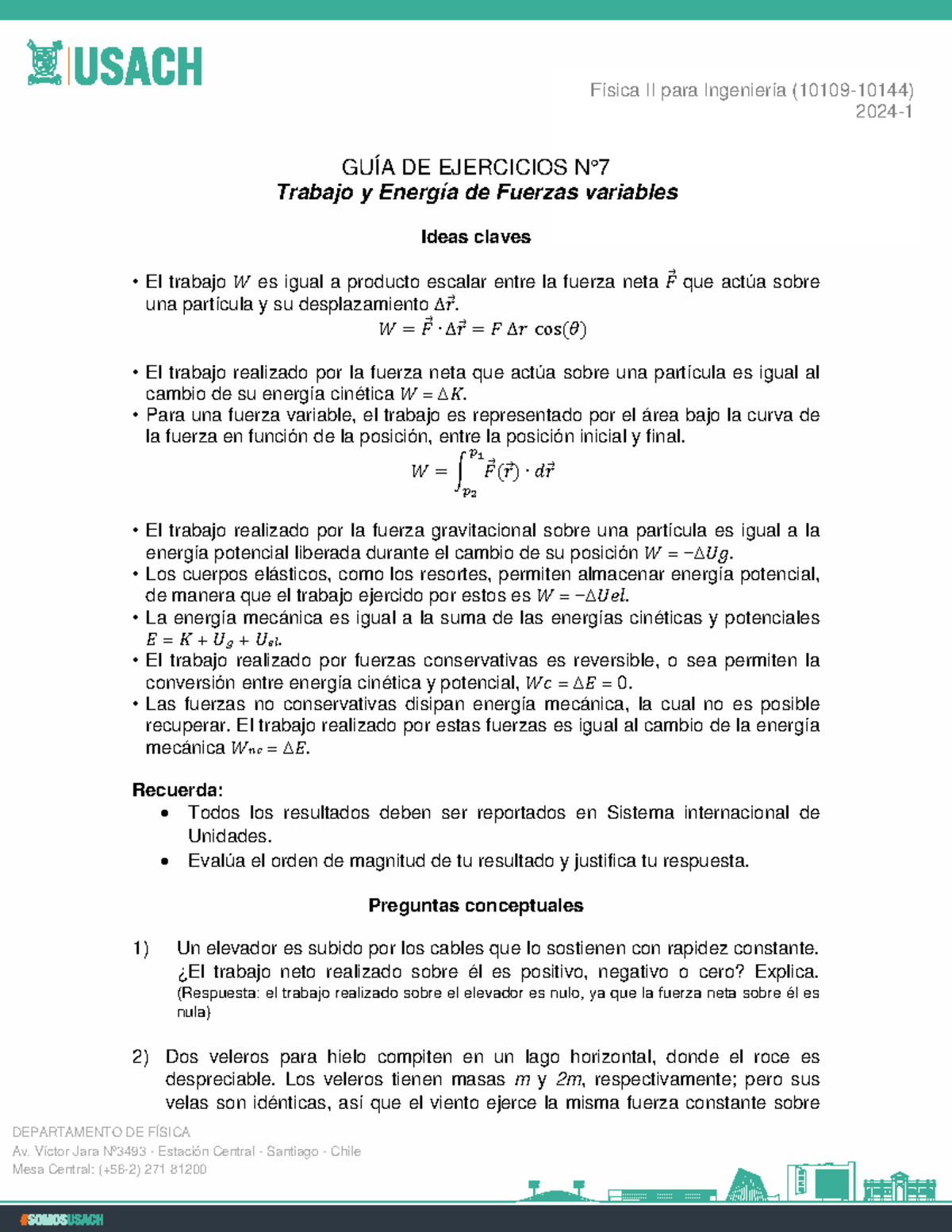 Guía 07: Trabajo y Energía en Fuerzas Variables - Física 2024-1 - Studocu