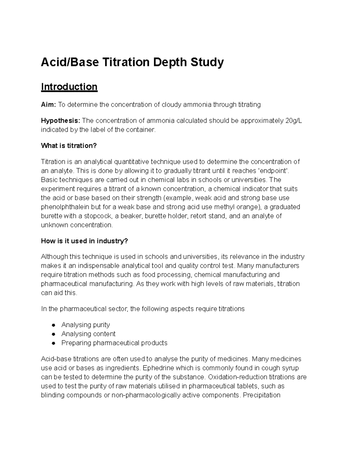 Assessment task 3 - Depth Study - Acid/Base Titration Depth Study ...